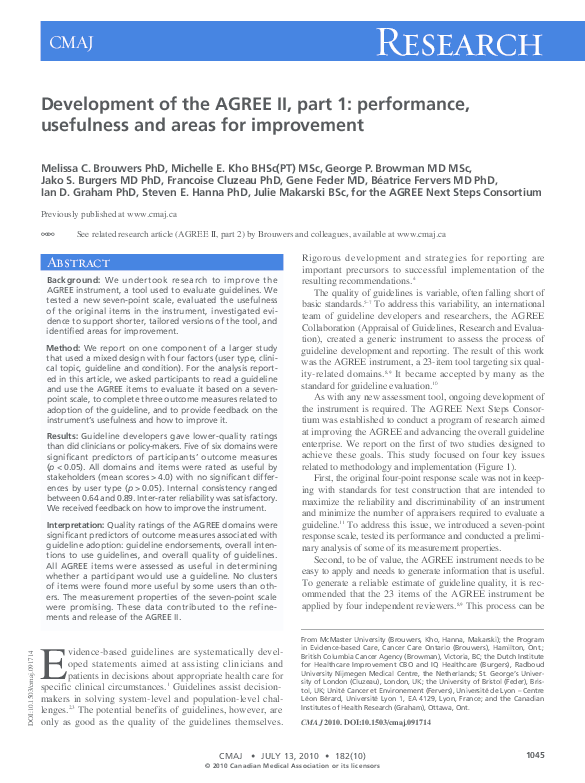 (PDF) Development of the AGREE II, part 1: performance, usefulness and ...