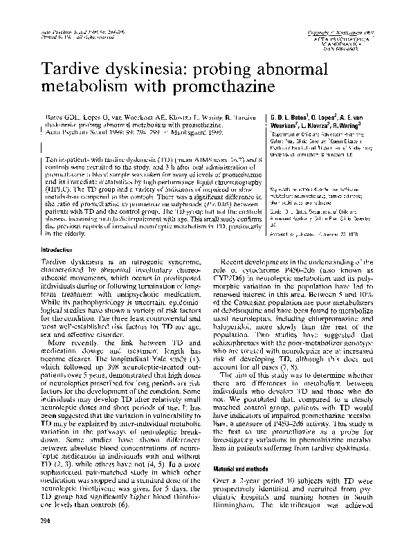 (PDF) Tardive dyskinesia in psychosis: probing abnormal metabolism with ...