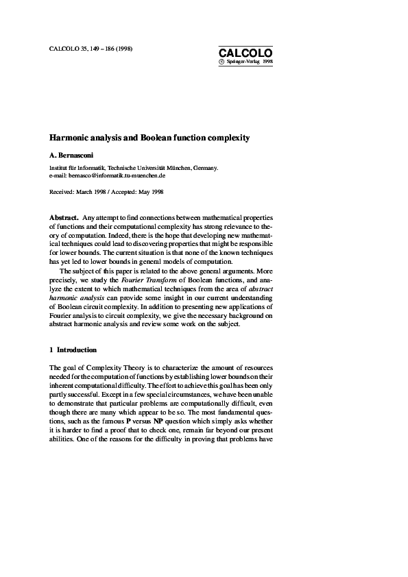 (PDF) Harmonic analysis and Boolean function complexity | Anna Bernasconi - Academia.edu