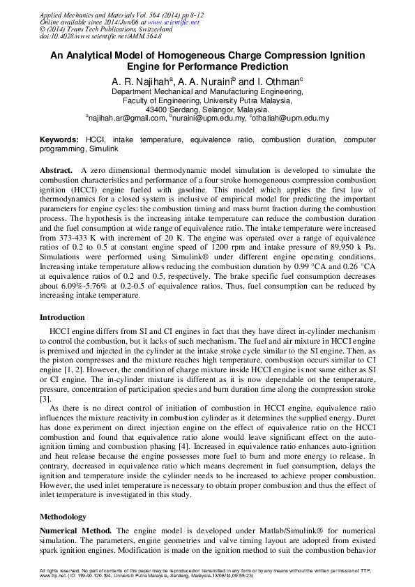 (PDF) An Analytical Model of Homogeneous Charge Compression Ignition Engine for Performance ...