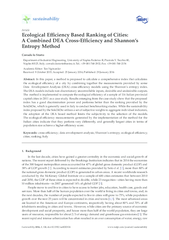 (PDF) Ecological Efficiency Based Ranking of Cities: A Combined DEA Cross-Efficiency and Shannon ...
