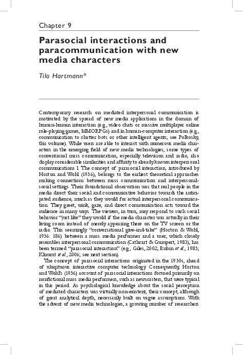 (PDF) Parasocial interactions and paracommunication with new media characters