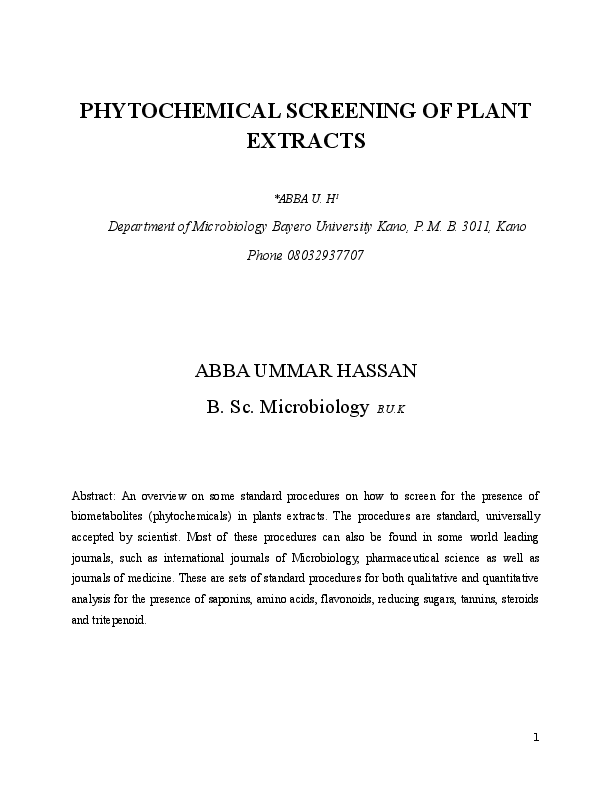 (DOC) PHYTOCHEMICAL SCREENING OF PLANT EXTRACTS