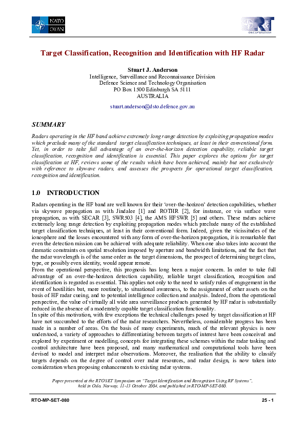 (PDF) Target Classification, Recognition and Identification with HF Radar