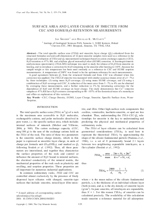 Pdf Surface Area And Layer Charge Of Smectite From Cec And Egme H 2 O Retention Measurements