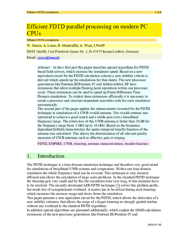 (PDF) Efficient FDTD Parallel Processing on Modern PC CPUs