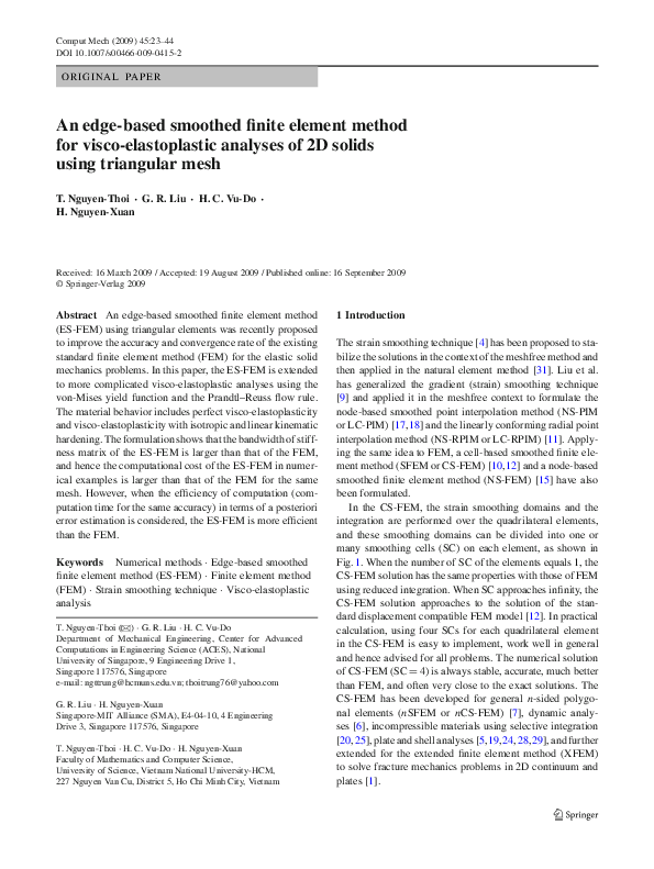 Pdf An Edge Based Smoothed Finite Element Method For Visco Elastoplastic Analyses Of 2d Solids