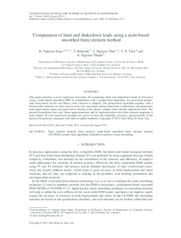 Pdf Computation Of Limit And Shakedown Loads Using A Node Based
