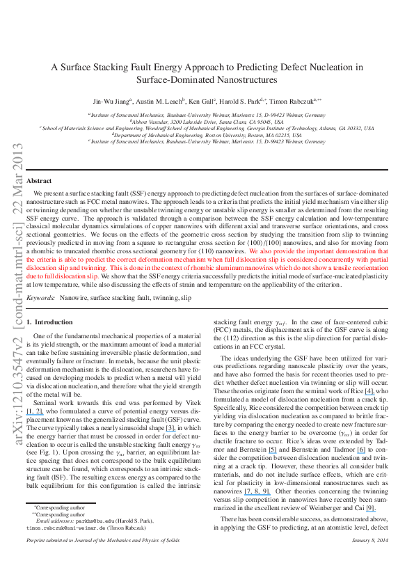 Pdf A Surface Stacking Fault Energy Approach To Predicting Defect Nucleation In Surface