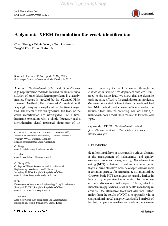 Pdf A Dynamic Xfem Formulation For Crack Identification