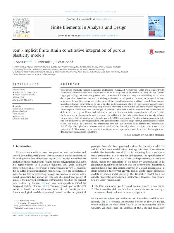 (PDF) Semi-implicit finite strain constitutive integration of porous plasticity models