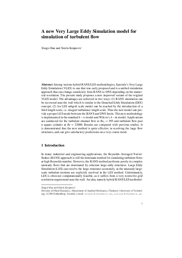 (PDF) A new very large eddy simulation model for simulation of turbulent flow