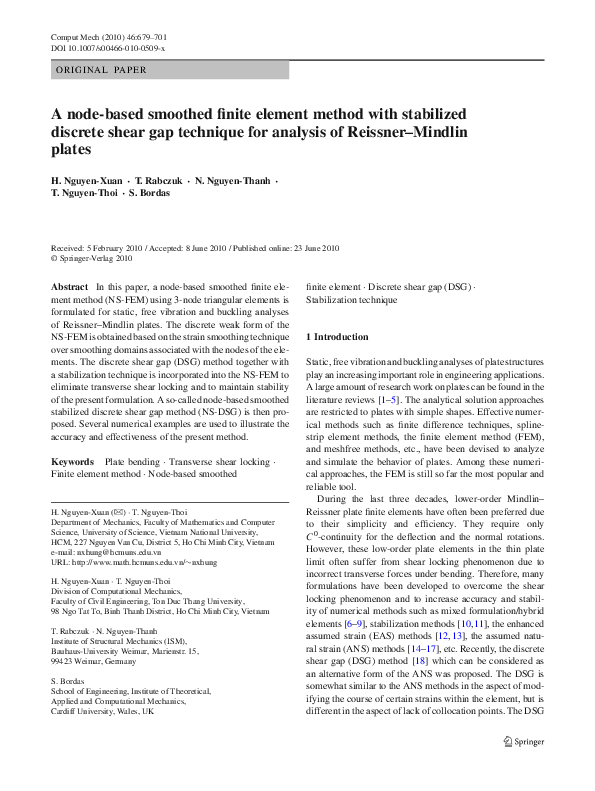Pdf A Node Based Smoothed Finite Element Method Ns Fem For Analysis Of Reissnermindlin