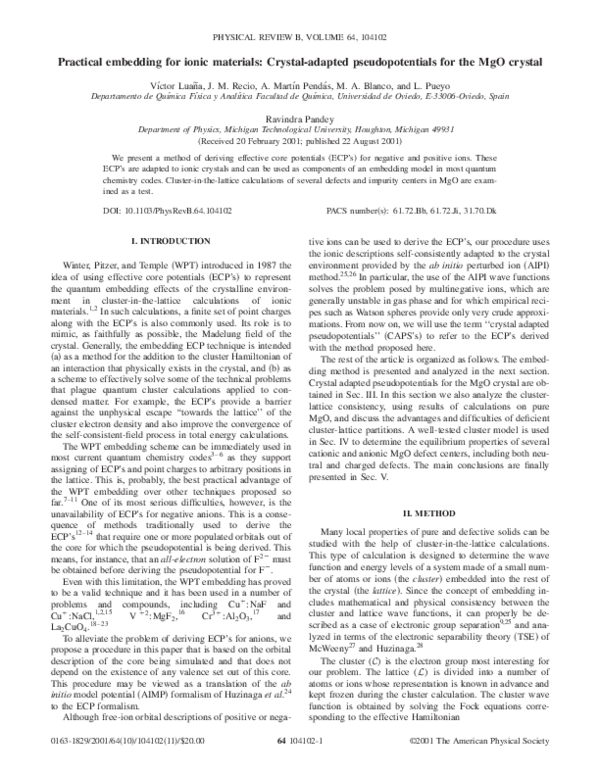 (PDF) Practical embedding for ionic materials: Crystal-adapted pseudopotentials for the MgO ...