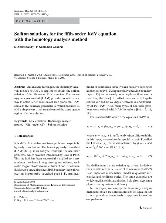 Pdf Soliton Solutions For The Fifth Order Kdv Equation With The Homotopy Analysis Method
