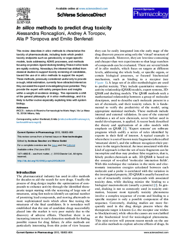 (PDF) In silico methods to predict drug toxicity