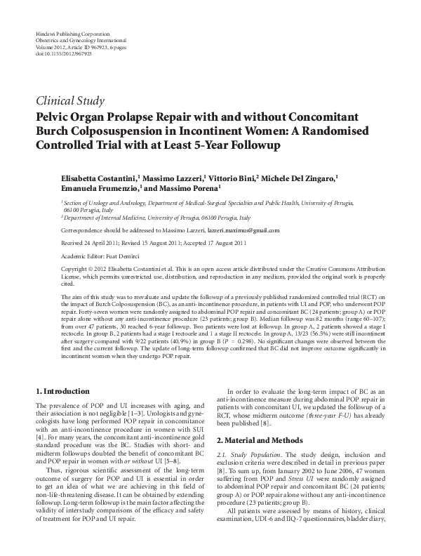 (PDF) Pelvic Organ Prolapse Repair with and without Concomitant Burch ...