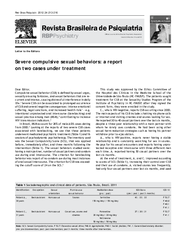 Pdf Severe Compulsive Sexual Behaviors A Report On Two Cases Under