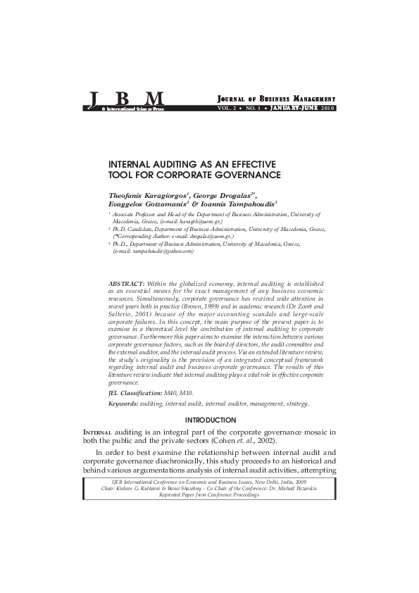 (PDF) INTERNAL AUDITING AS AN EFFECTIVE TOOL FOR CORPORATE GOVERNANCE INTERNAL AUDITING AS AN ...