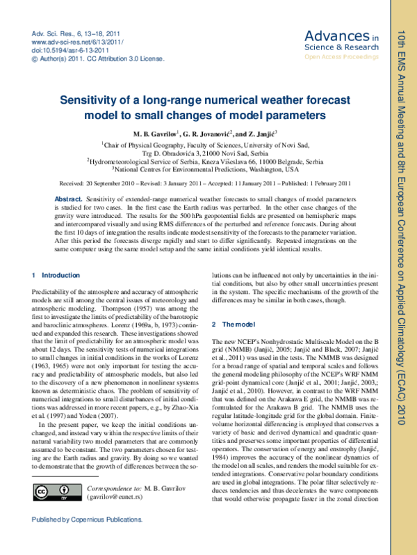 (PDF) Sensitivity of a long-range numerical weather forecast model to small changes of model ...
