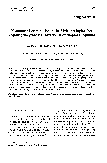 (PDF) Nestmate discrimination in the African stingless bee Hypotrigona ...