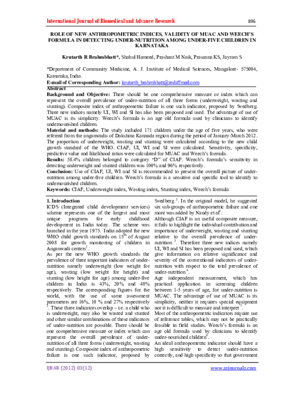 (PDF) ROLE OF NEW ANTHROPOMETRIC INDICES, VALIDITY OF MUAC AND WEECH'S ...