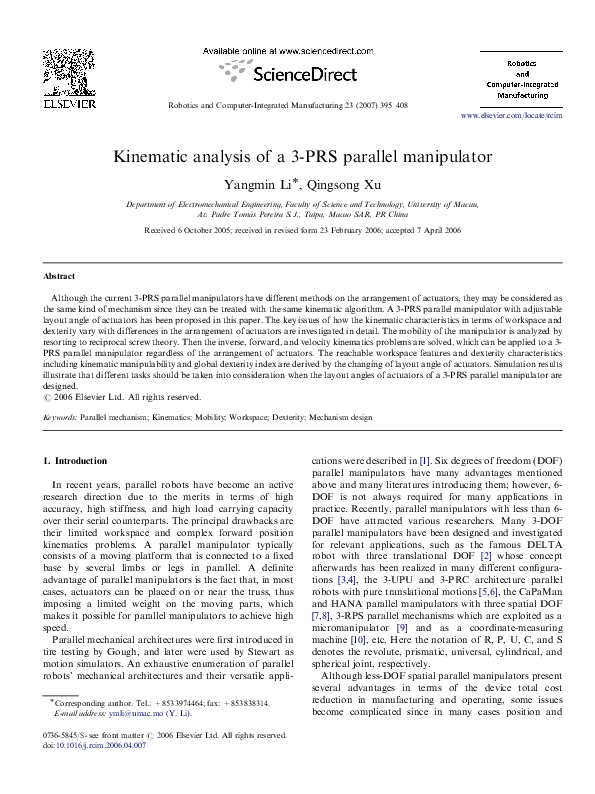 Pdf Kinematic Analysis Of A 3 Prs Parallel Manipulator