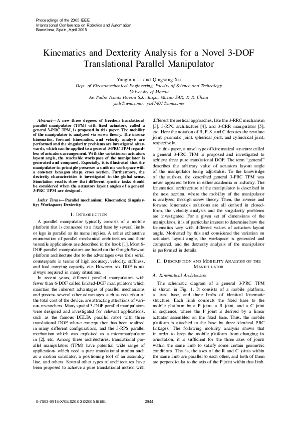 (PDF) Kinematics and Dexterity Analysis for a Novel 3-DOF Translational Parallel Manipulator