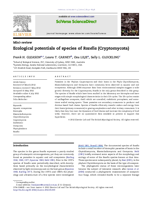 (PDF) Ecological potentials of species of Rozella (Cryptomycota)
