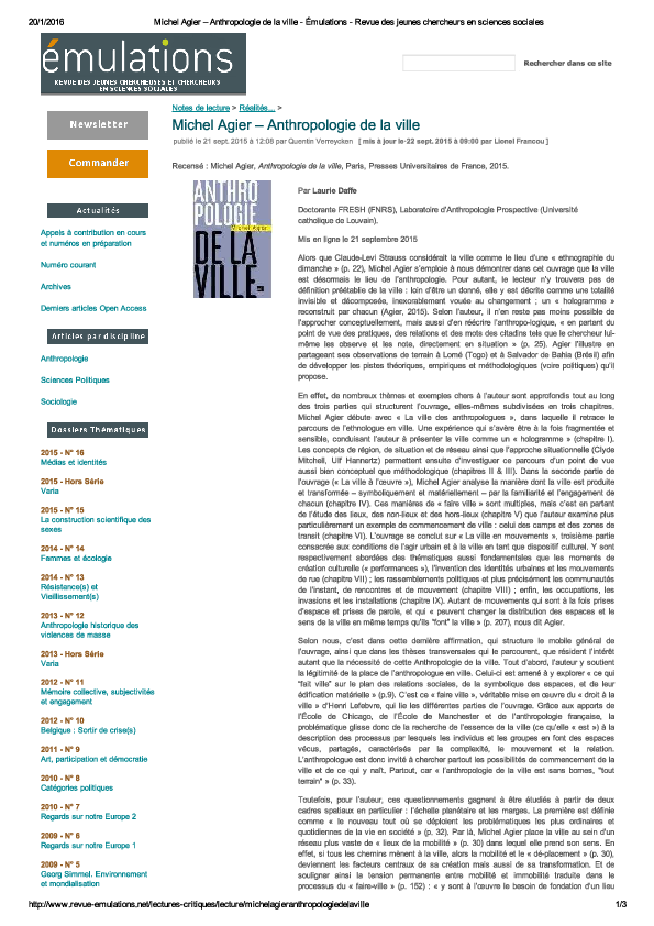 (PDF) Book review - Michel Agier (2015), Anthropologie de la ville