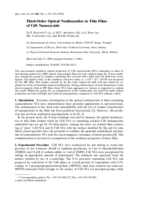 (PDF) Third-Order Optical Nonlinearities in Thin Films of CdS Nanocrystals