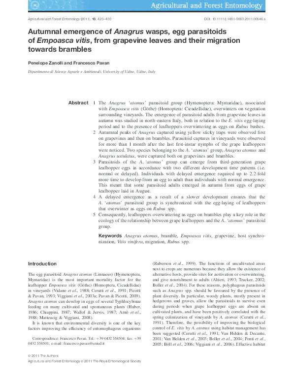 (PDF) Autumnal emergence of Anagrus wasps, egg parasitoids of Empoasca ...