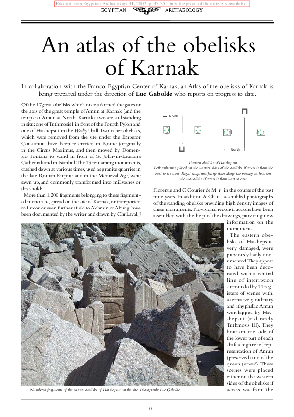(PDF) « An Atlas of the Obelisks of Karnak », Egyptian Archaelogy 31 ...