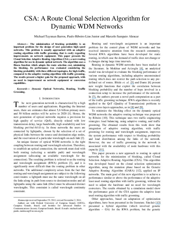 (PDF) CSA: A Route Clonal Selection Algorithm for Dynamic WDM Networks