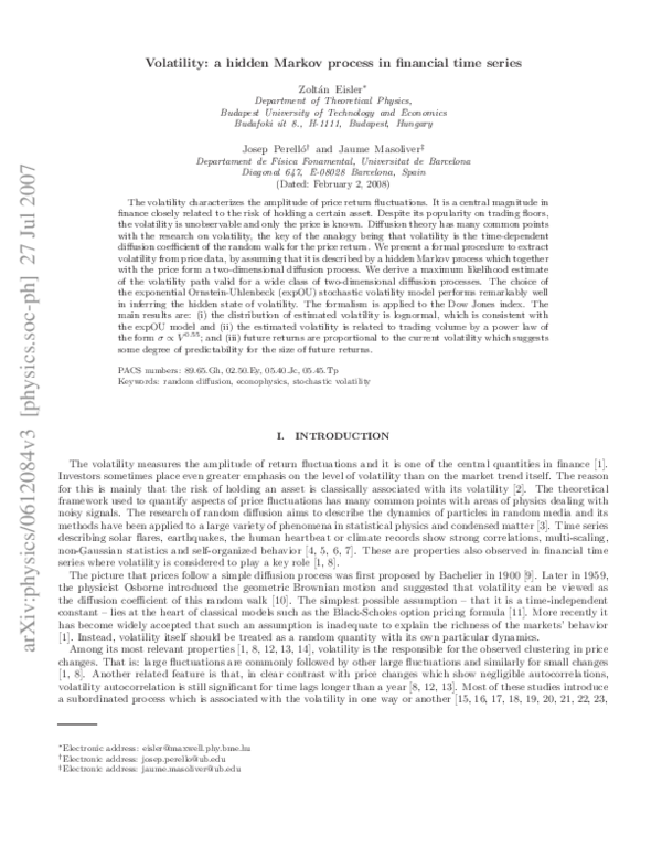 (PDF) Volatility: a hidden Markov process in financial time series