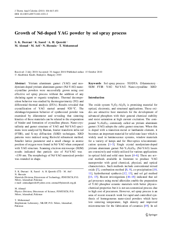 (PDF) Growth of Nd-doped YAG powder by sol spray process
