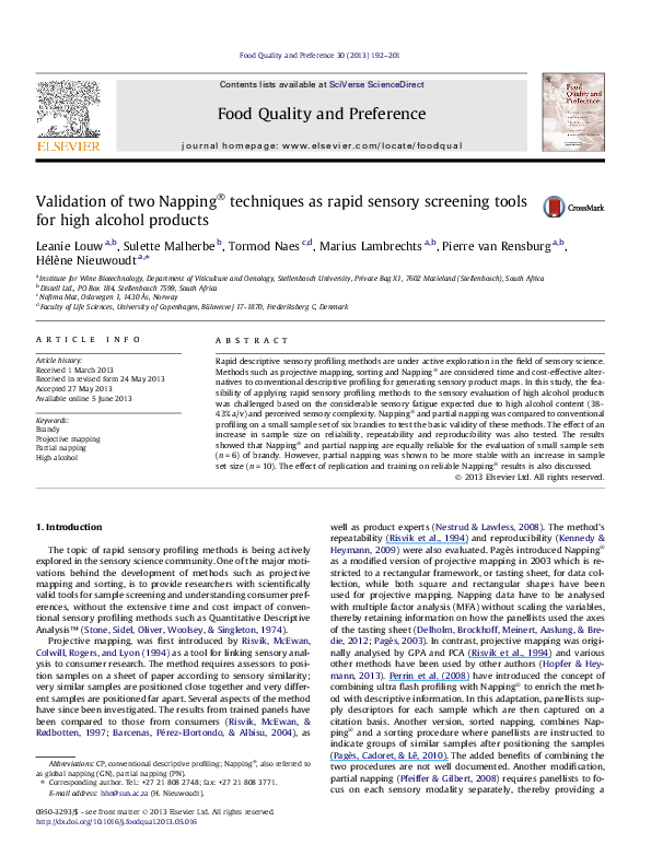 (PDF) Validation of two Napping® techniques as rapid sensory screening tools for high alcohol ...