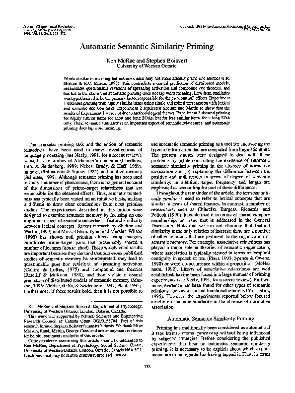 (PDF) Automatic semantic similarity priming