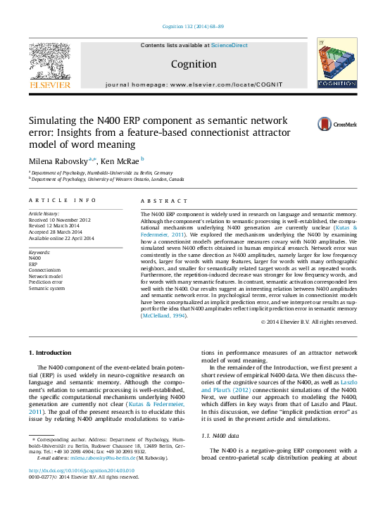 (PDF) Simulating the N400 ERP component as semantic network error: Insights from a feature-based ...
