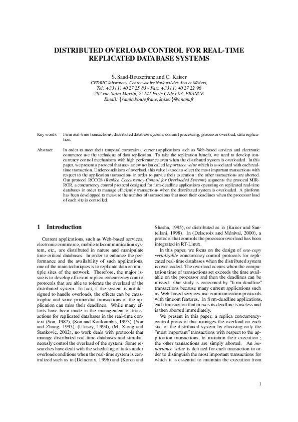 (PDF) Distributed Overload Control for Real-Time Replicated Database Systems