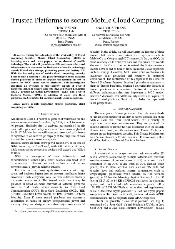 (PDF) Trusted Platforms to Secure Mobile Cloud Computing