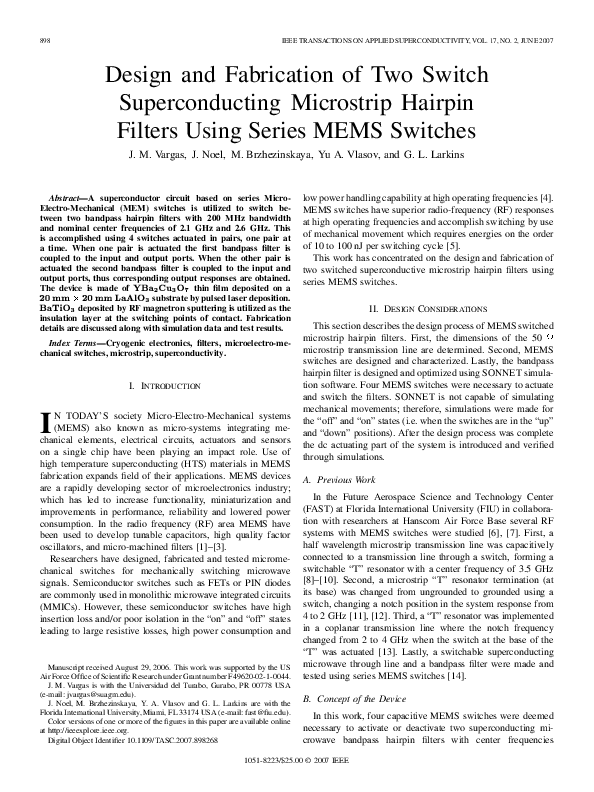 (PDF) Design and Fabrication of Two Switch Superconducting Microstrip Hairpin Filters Using ...