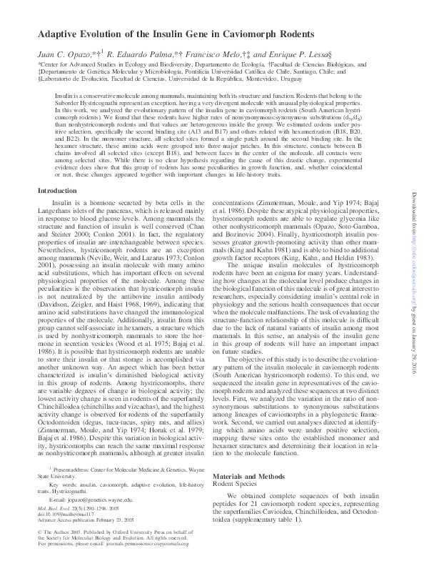 (PDF) Adaptive Evolution of the Insulin Gene in Caviomorph Rodents