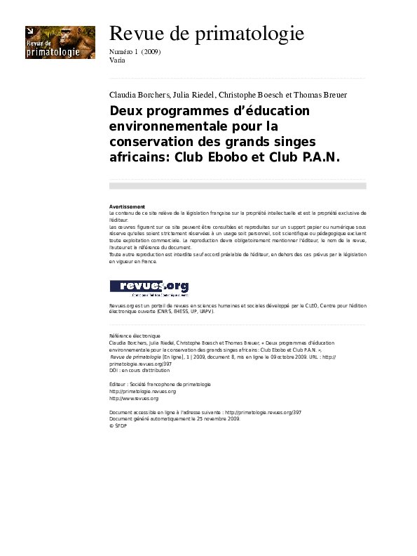 (PDF) Deux programmes d’éducation environnementale pour la conservation ...