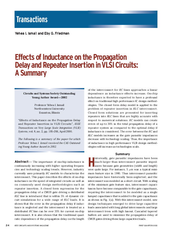 Pdf Effects Of Inductance On The Propagation Delay And Repeater Insertion In Vlsi Circuits A