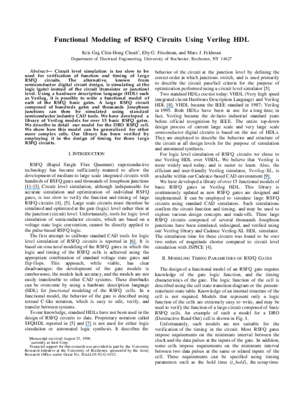Pdf Functional Modeling Of Rsfq Circuits Using Verilog Hdl
