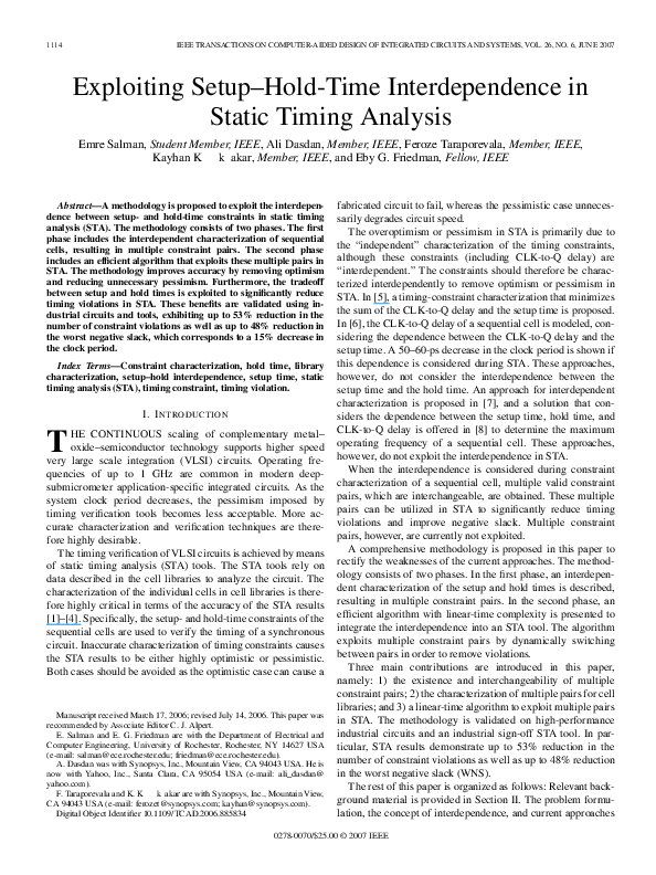 (PDF) Exploiting Setup-Hold-Time Interdependence in Static Timing Analysis