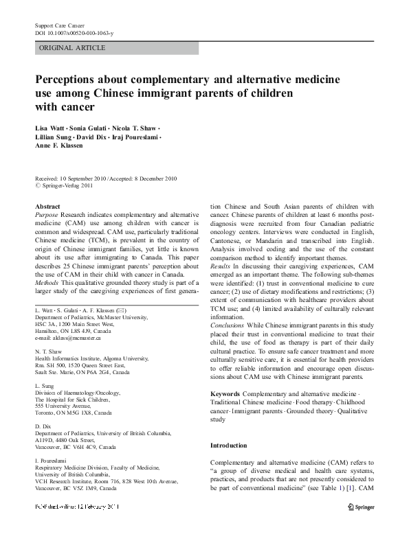 (PDF) Perceptions about complementary and alternative medicine use among Chinese immigrant ...