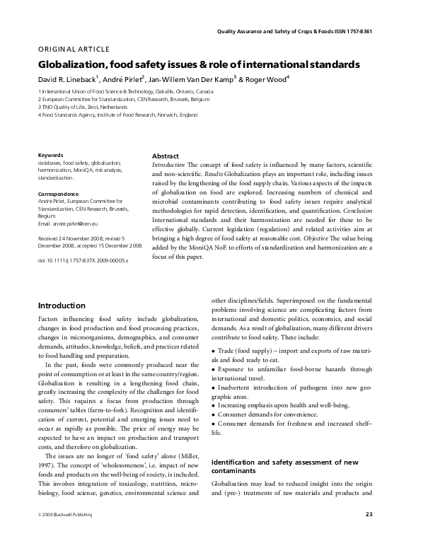 (PDF) Globalization, food safety issues & role of international standards