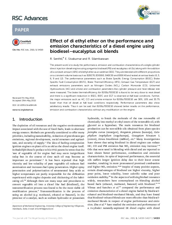 (PDF) Effect of di ethyl ether on the performance and emission ...